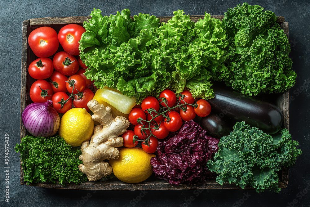 Top view of vibrant and colorful vegetables, including red onion, green ...