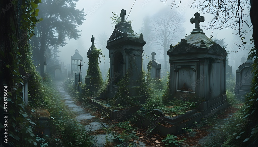 Mysterious fog envelops an eerie cemetery with overgrown graves and a towering mausoleum Stock ...