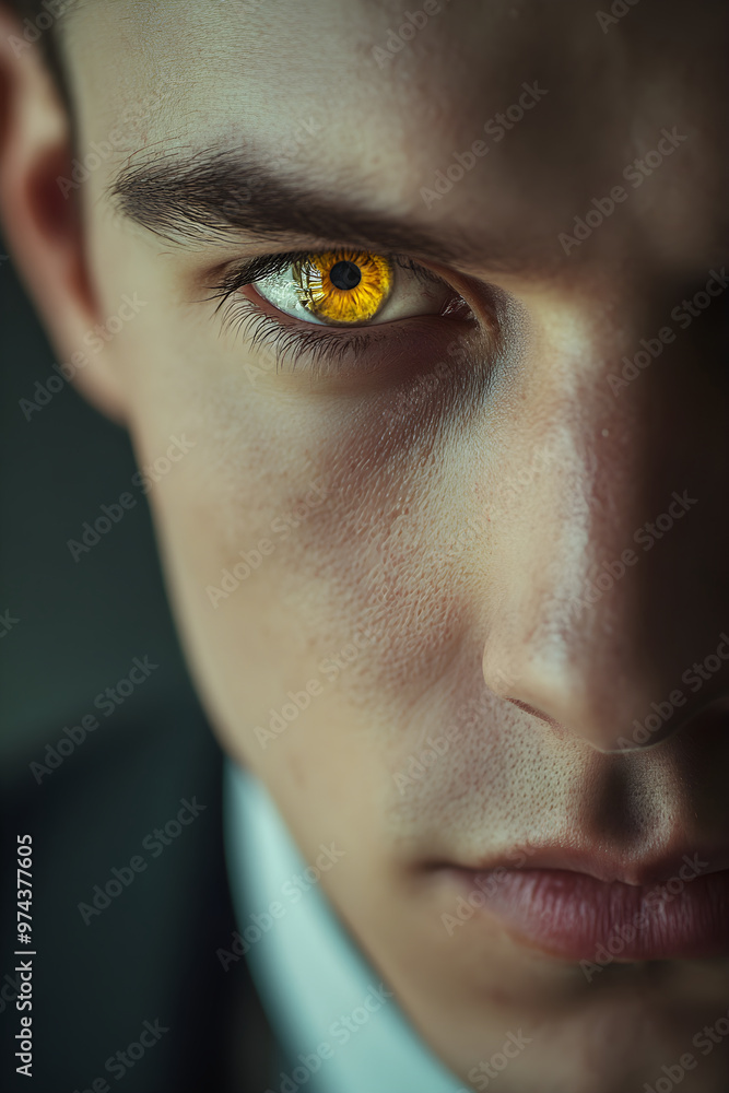 Close up portrait of serious male face with yellow glowing eyes ...