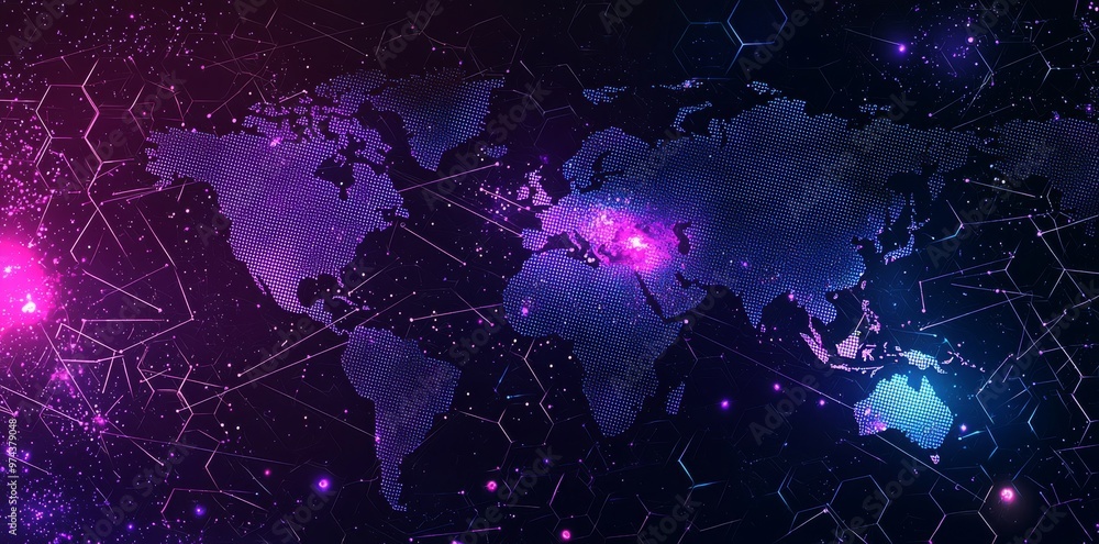 Dot connecting world maps purple and blue hexagonal network pattern ...