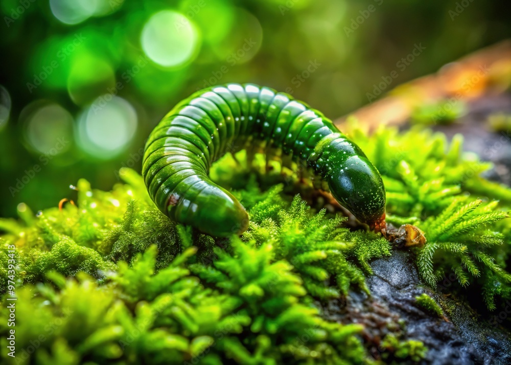 Vibrant green fat worm crawls slowly across a damp, moss-covered stone ...