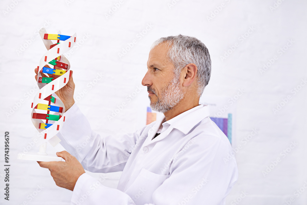 Mature scientist, man and research with DNA model, lab and thinking ...