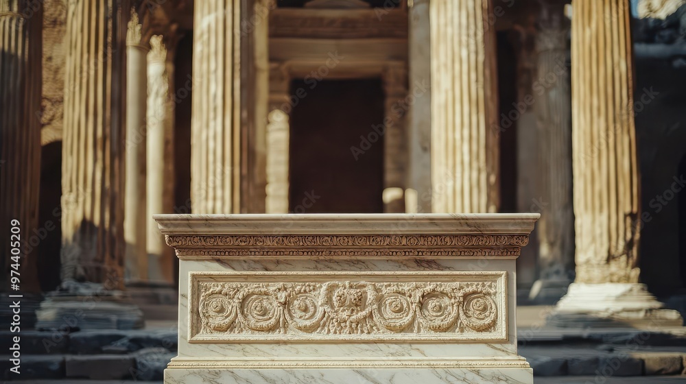 Ornate marble podium in front of a Roman temple, with tall Corinthian ...