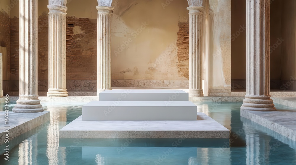 Roman-style podium placed in a bathhouse with stone pools and marble ...