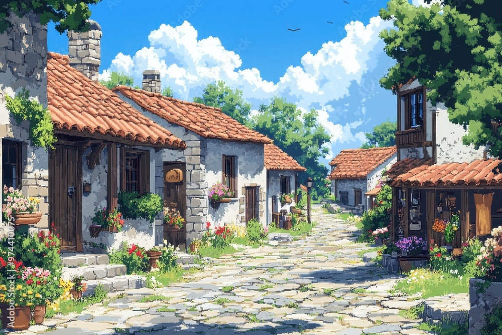 Pixelated Medieval Village: Retro 8-bit Town with Cobblestone Streets ...