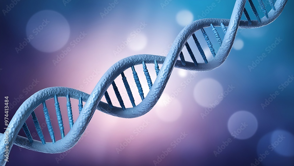 Detailed 3D close-up of a reddish-brown DNA double helix, with a blue ...