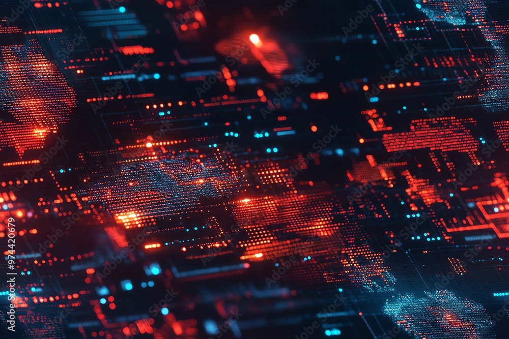 Futuristic digital circuit board with glowing red and blue lights, representing technology ...