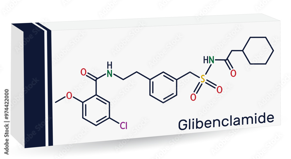 Glibenclamide, glyburide molecule. Sulfonylurea used in the treatment ...