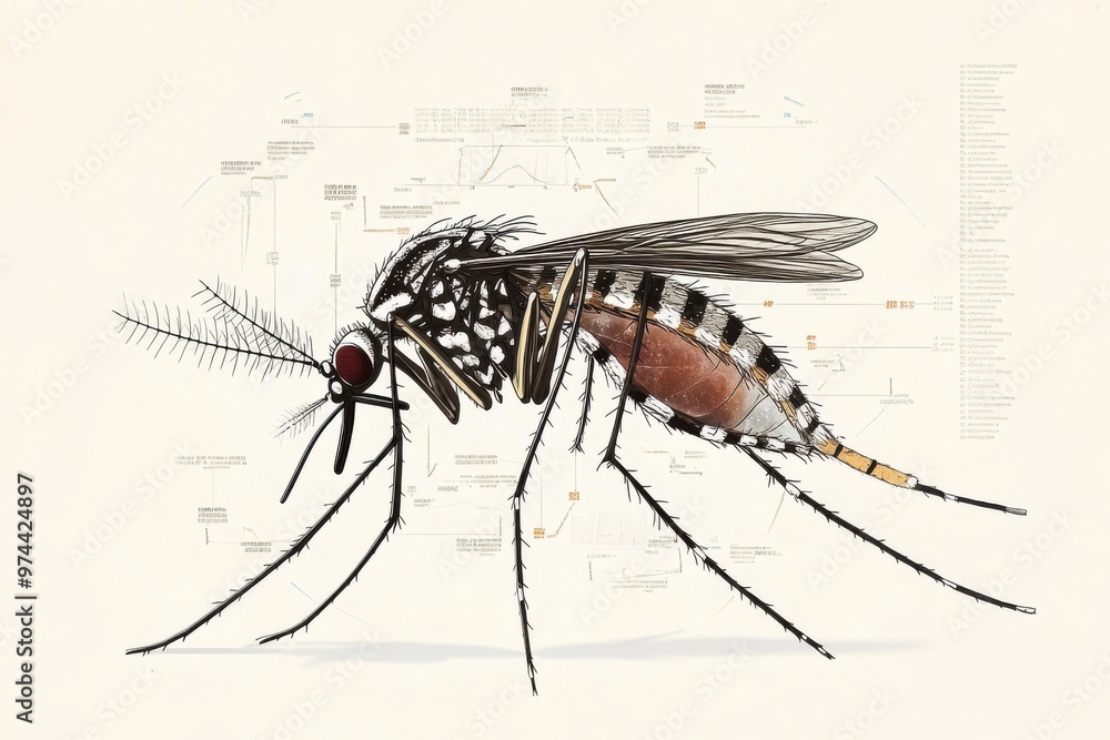 An educational diagram of an Aedes mosquito, with labeled parts such as ...