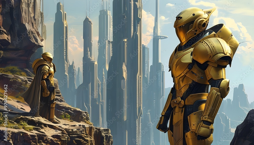 Timeless Guardian: A Golden Warrior in Futuristic Armor at the Edge of ...