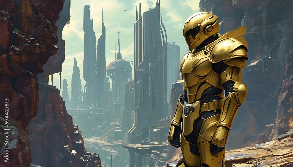 Timeless Guardian: A Golden Warrior in Futuristic Armor at the Edge of ...