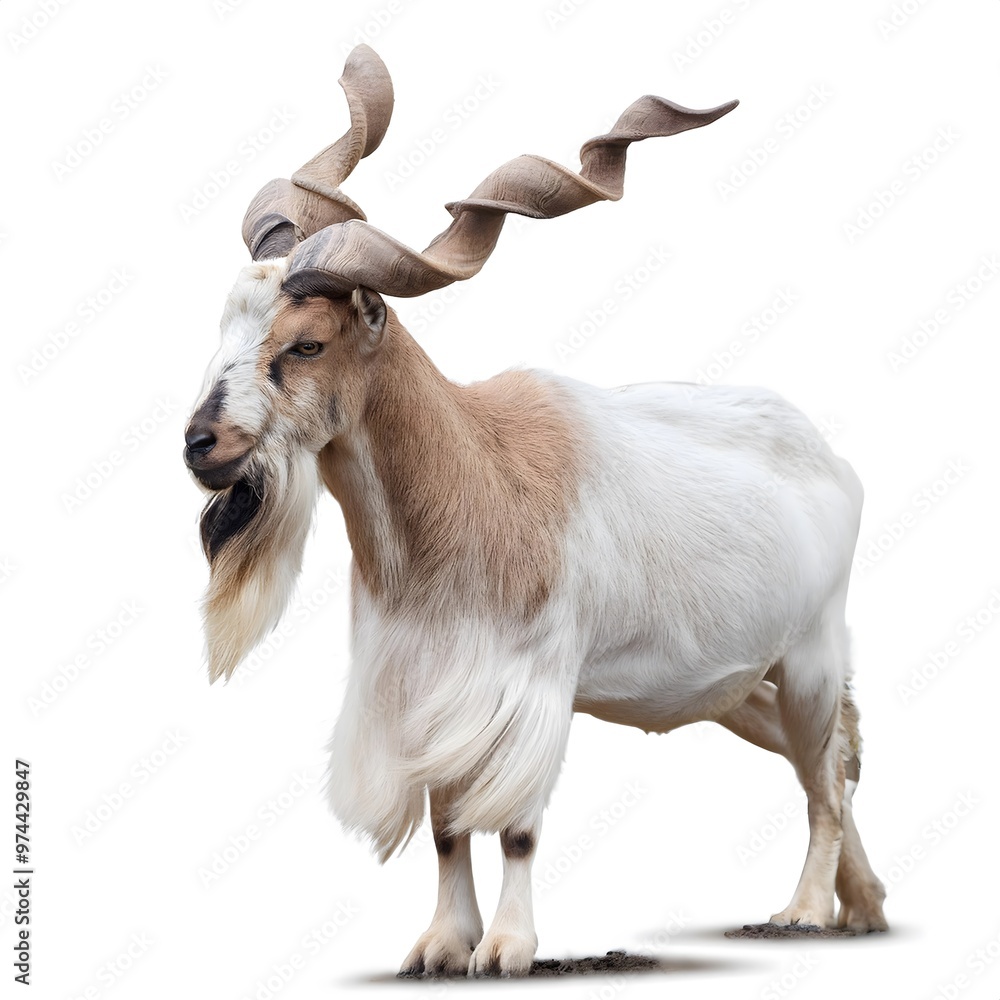 Markhor (Capra falconeri) mountain male goat full long swirly, curly ...