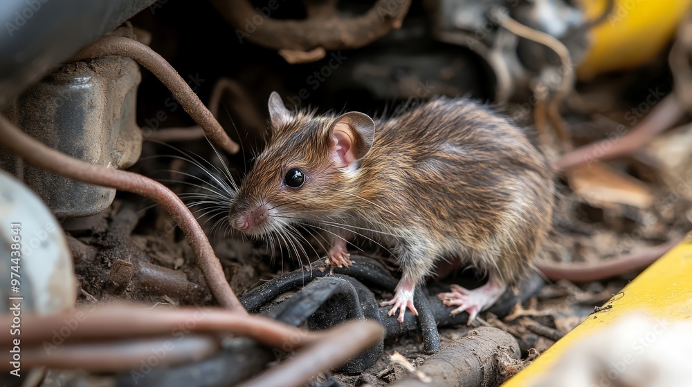 Engine wiring is shown with visible damage from rats, including torn ...