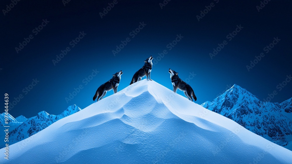 Wolves howling on a snowy hill dramatic skies sharp detail high ...