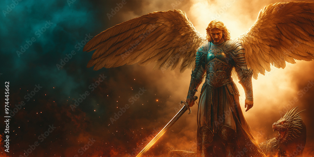 Saint Michael the Archangel, clad in armor, sword in hand, triumphantly ...