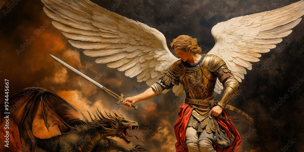 Saint Michael the Archangel, clad in armor, sword in hand, triumphantly ...