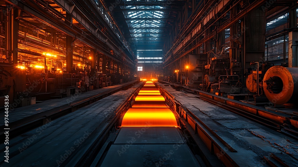 A fully automated steel rolling process in a brightly lit ...