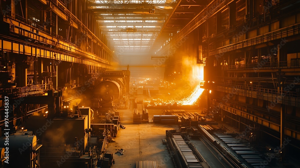 A fully automated steel rolling process in a brightly lit ...