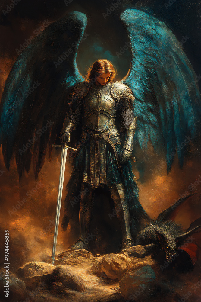 Saint Michael the Archangel, clad in armor, sword in hand, triumphantly ...