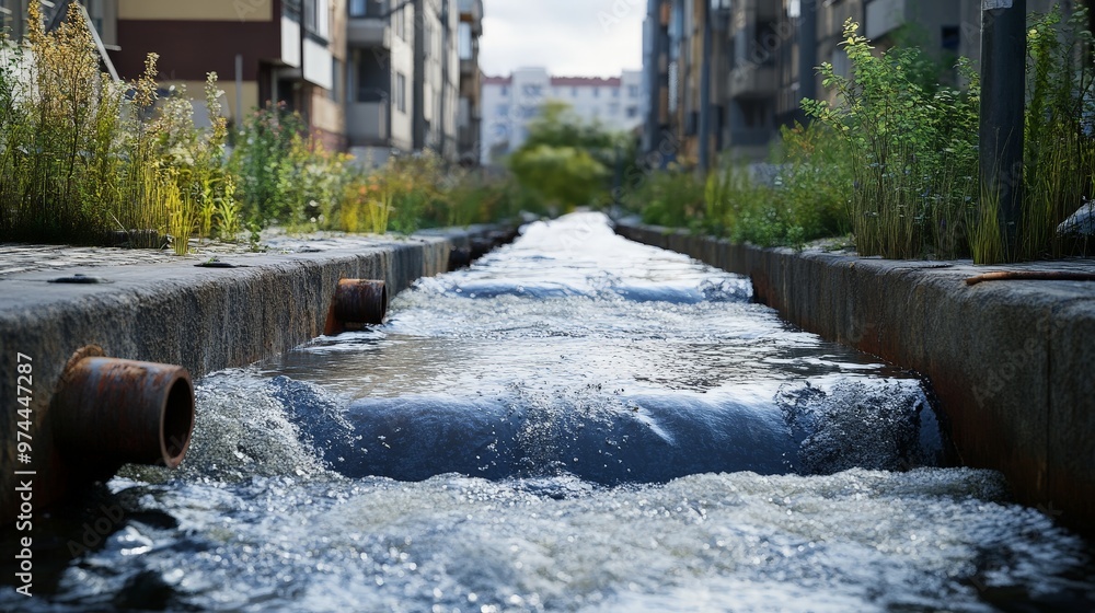 In an urban environment, a drainage channel with flowing water is ...