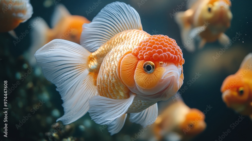 In the aquarium fish tank, the Oranda goldfish's bright orange scales ...