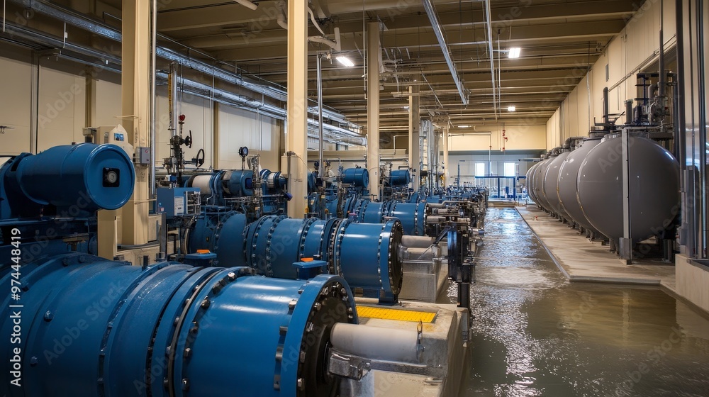 Inside a wastewater treatment facility, the equipment used for water ...