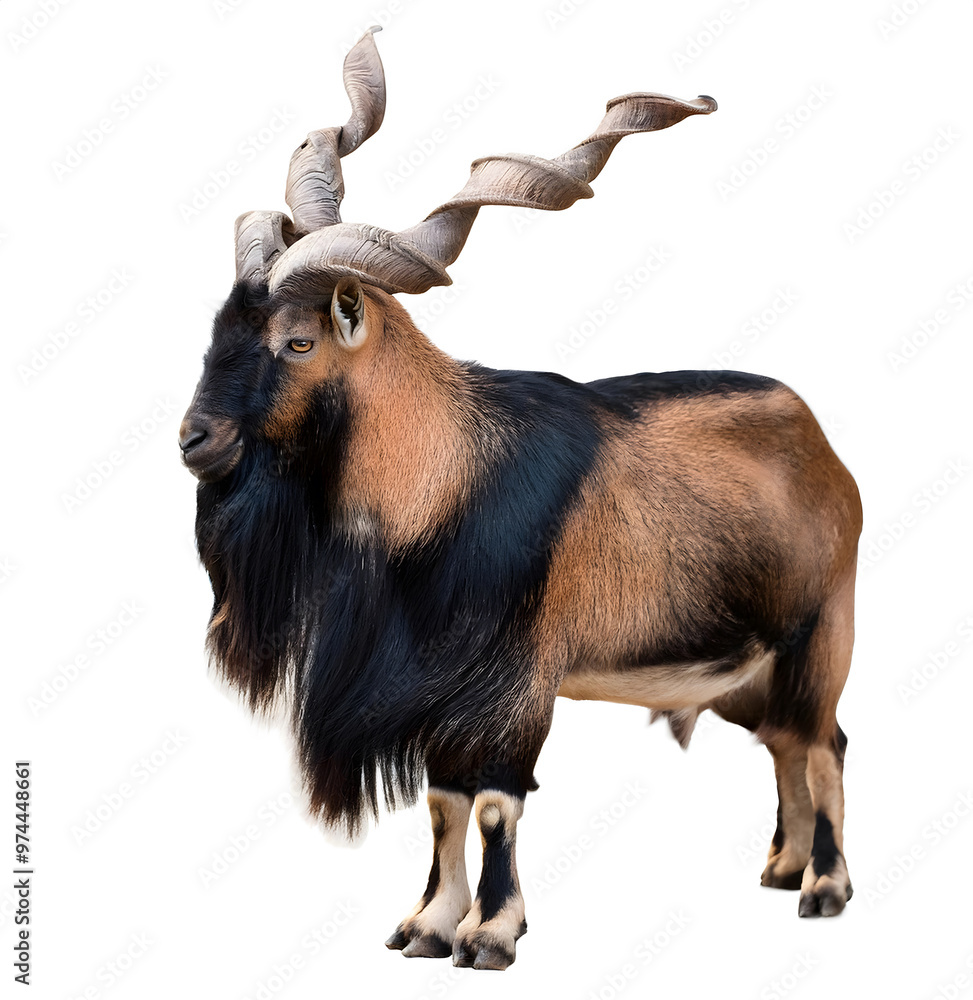 Markhor (Capra falconeri) mountain male goat full long swirly, curly ...