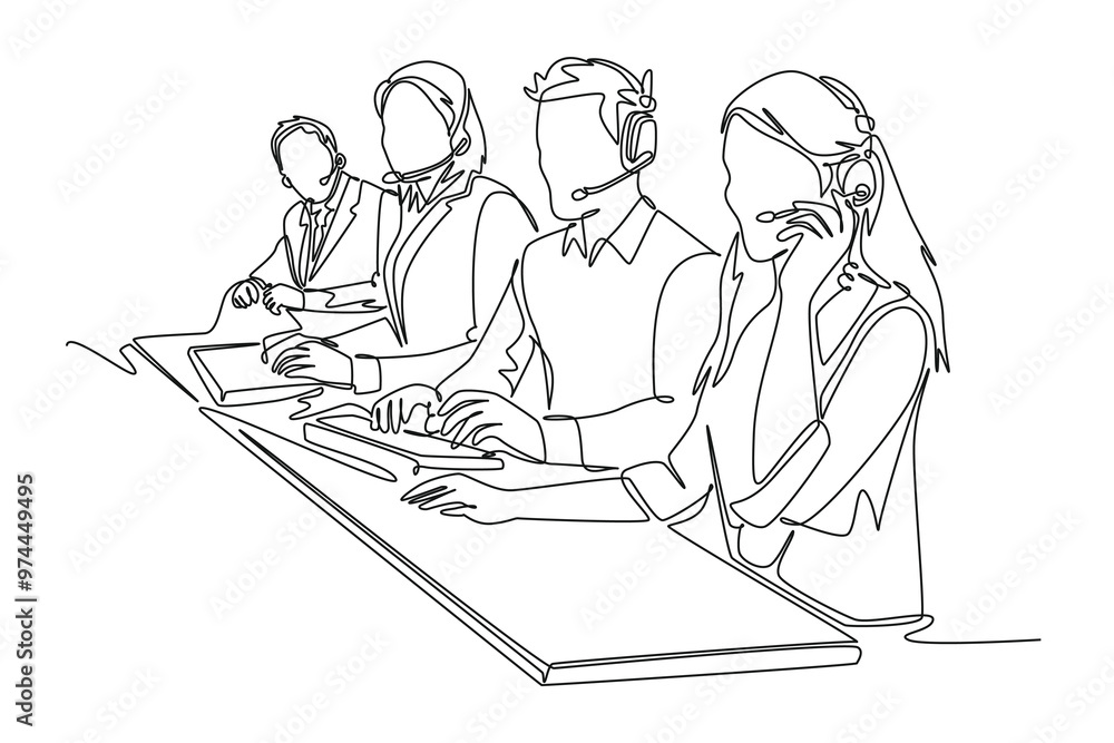 Single one line drawing group of male and female telemarketing team ...