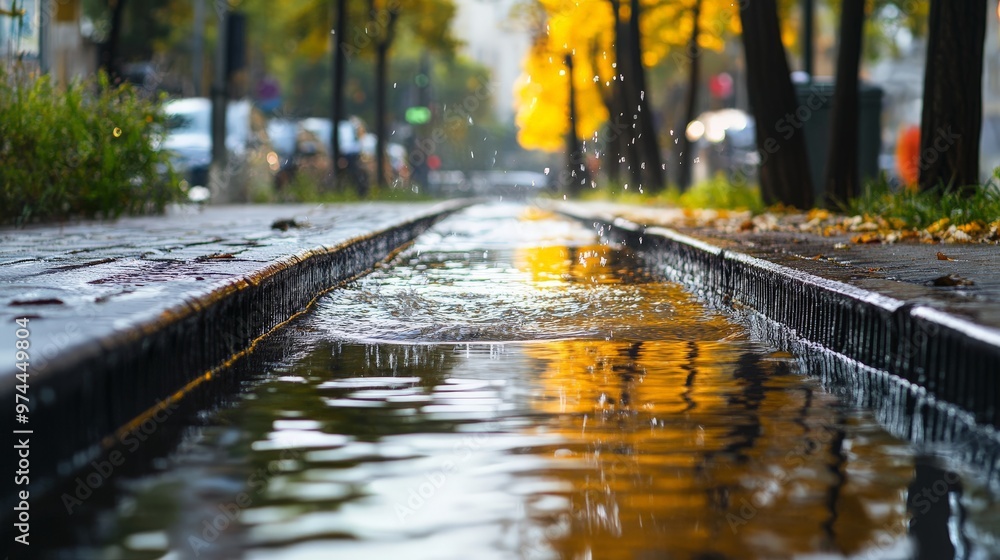 The image depicts a drainage channel with clear, flowing water running ...