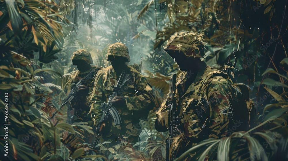 Painting of Green Berets navigating jungle with rifles in camouflage ...
