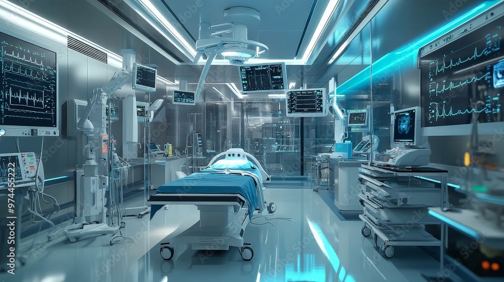 Visualize a high-tech medical facility with digital health monitoring ...