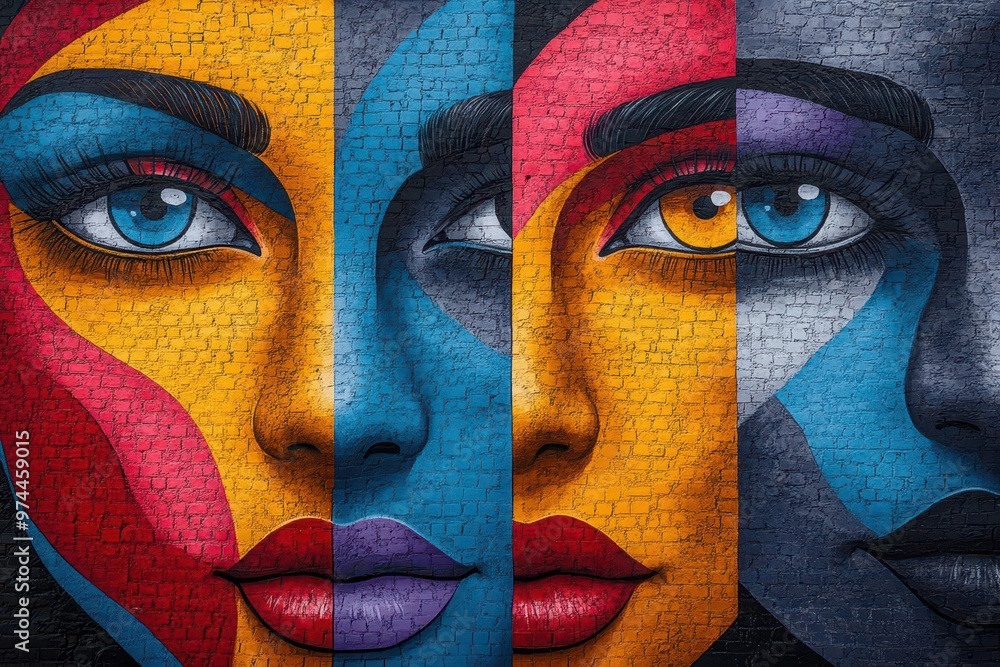 abstract faces with diverse features and expressions overlapping and merging to represent ...