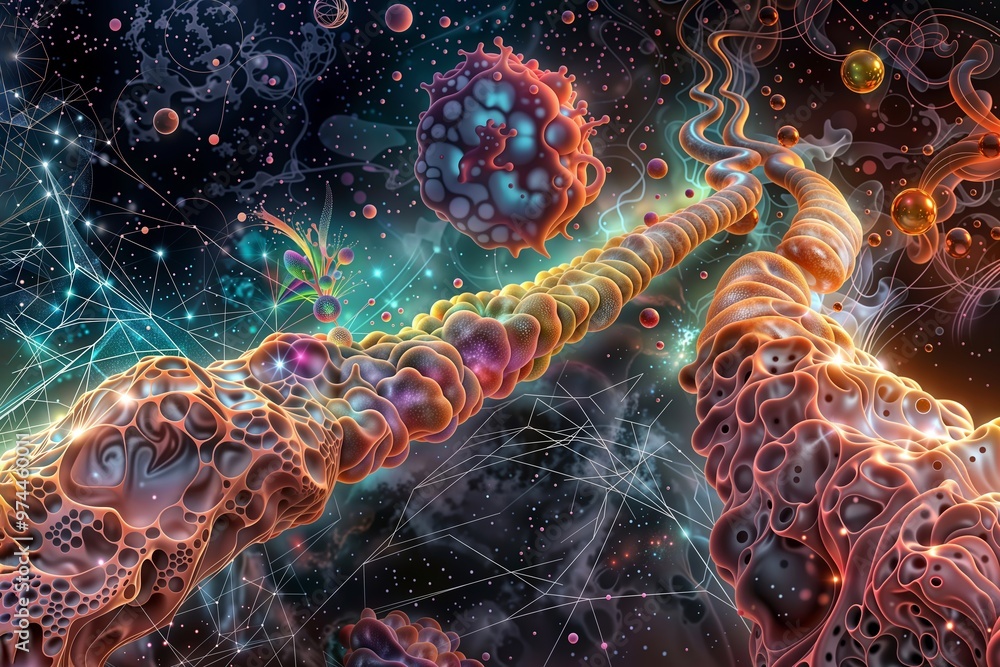 Microscopic universe. Vibrant illustration of cellular structures and organic shapes in a ...