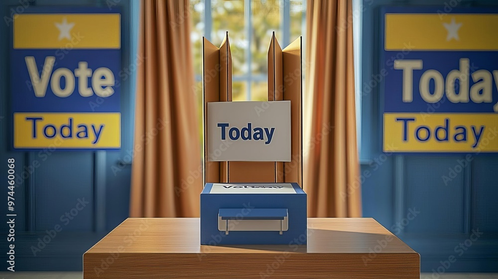 Get out the vote Voting booth with curtains open, ballot box in focus ...