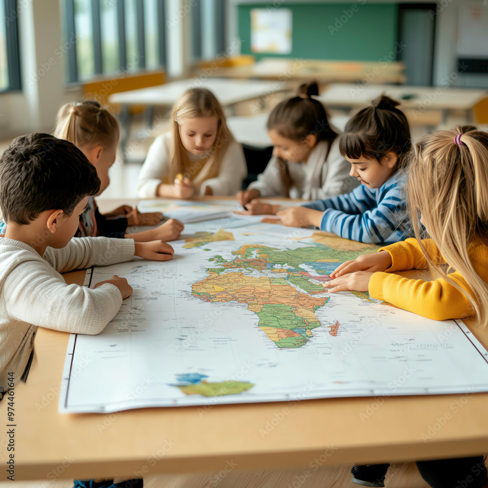 Primary students working together on a large map during geography class ...