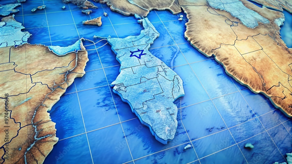 A detailed illustration of Israel highlighted on a vibrant blue world ...