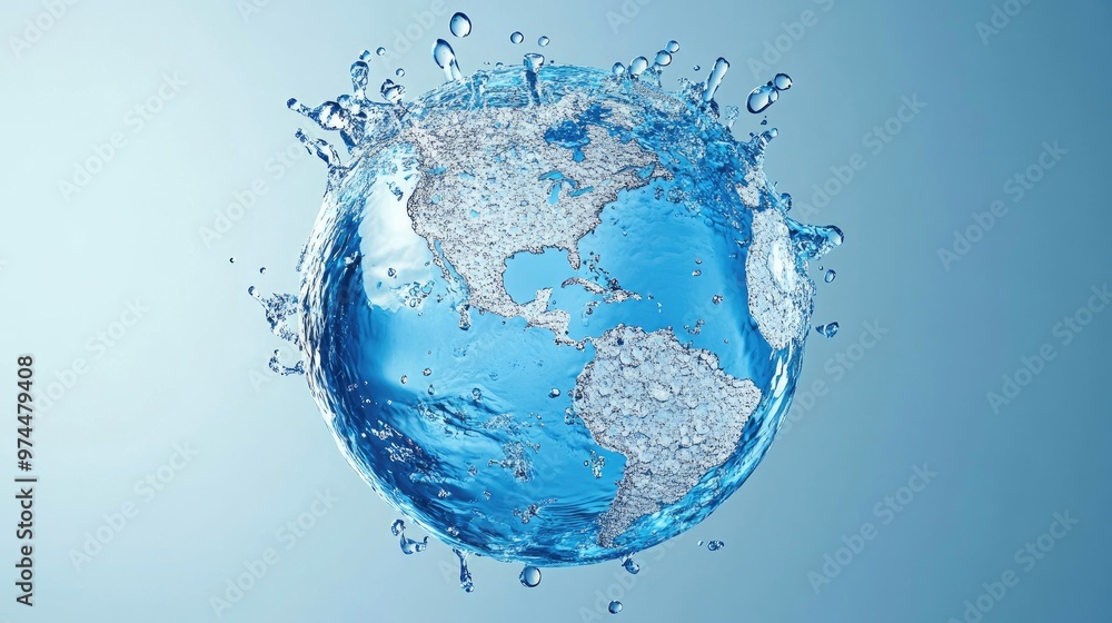 A globe made of water droplets, with continents formed from liquid ...