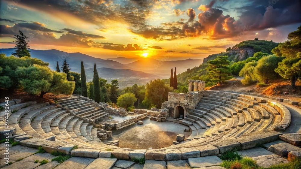 Ancient Greek theater ruins at sunset, with crumbling stone seating and ...