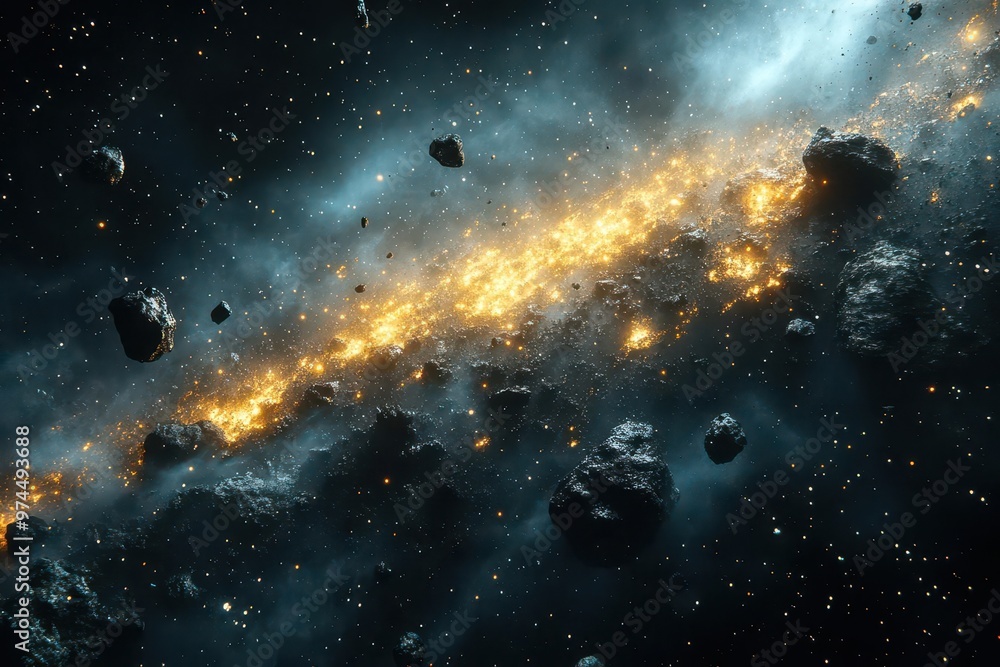 celestial asteroid swarm dynamic cluster of space rocks in various sizes and textures ...