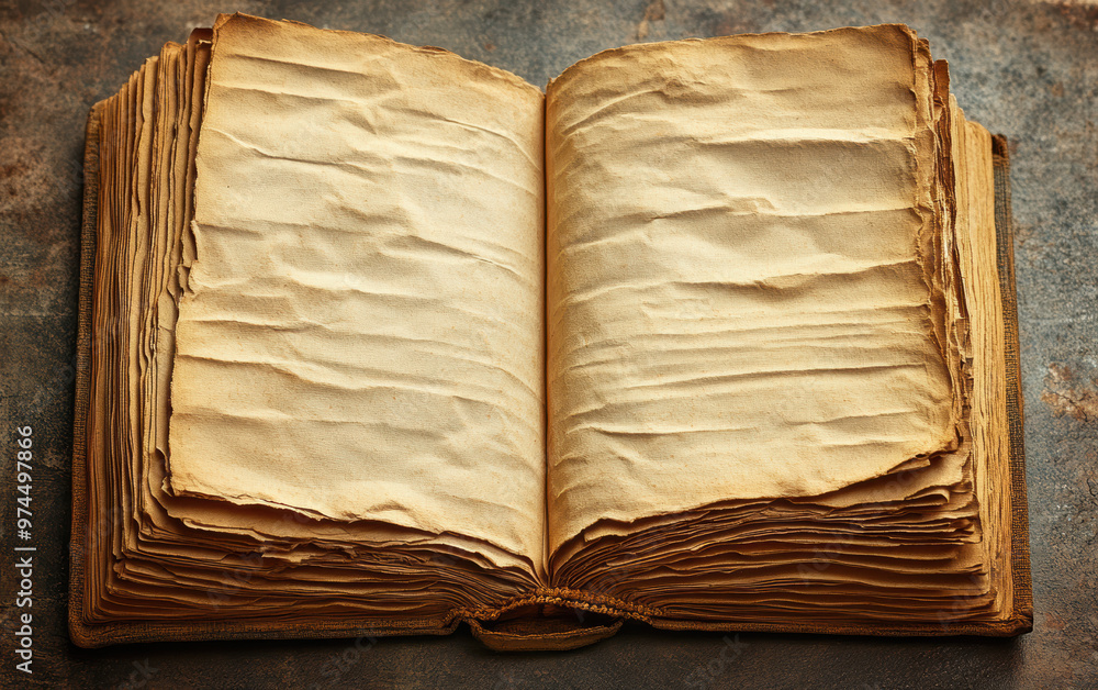 Weathered old book with yellowed pages open on a rustic surface ...