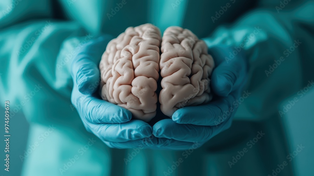 A close-up image of a surgeon wearing blue surgical gloves holding a ...