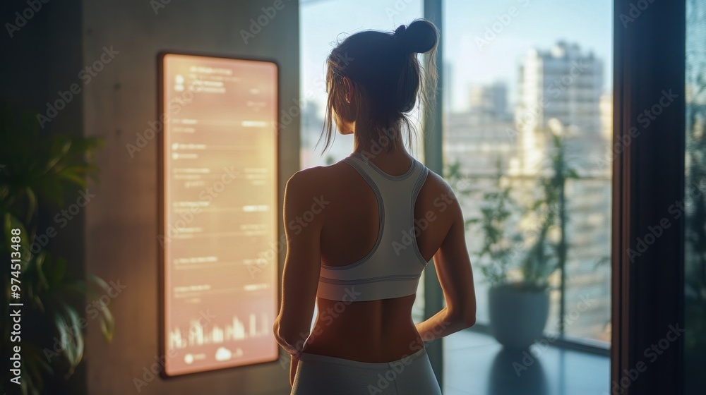 A daily fitness routine enhanced by AI, where a smart mirror provides ...
