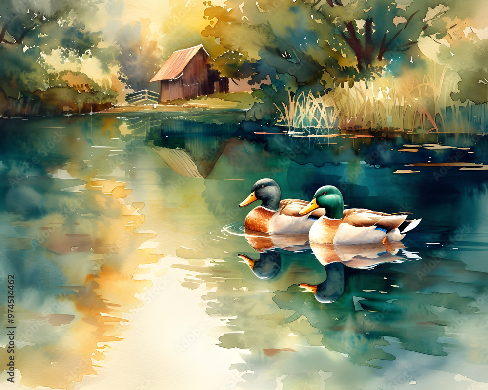 A duck is swimming in a pond. Watercolor duck and plants of lake ...