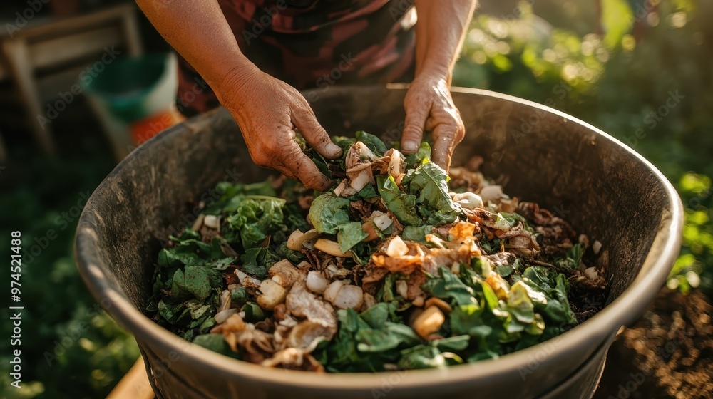 Hands sorting through a mix of vegetable scraps in a large metallic ...