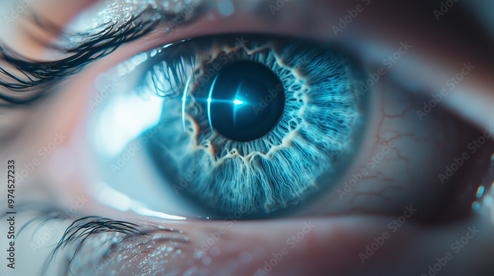 highly detailed close-up of a human eye, with a bright blue digital cyber electronic light beam ...