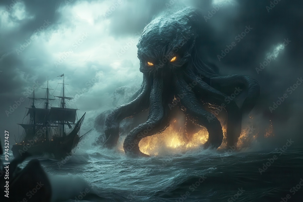 cthulhu rising massive tentacled monster emerging from stormy sea dark ...