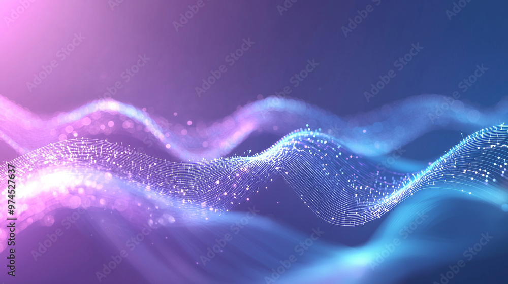 digital background with flowing data streams, abstract geometric shapes, and audio waveforms ...
