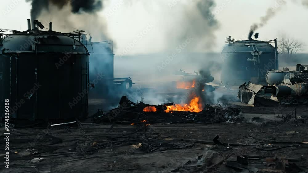 A close-up of heavily scorched and blackened oil storage tanks, with ...