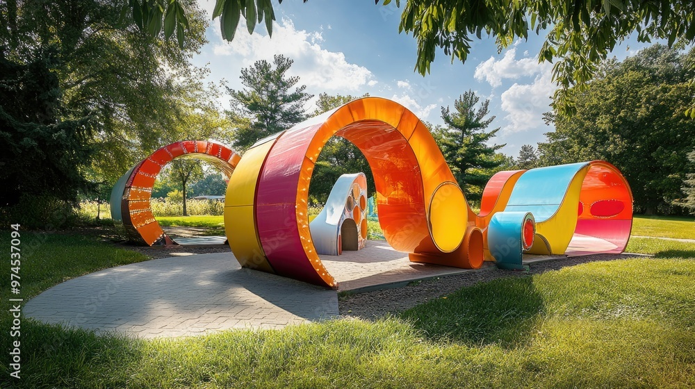 Contemporary outdoor art installation with unique materials, vibrant ...