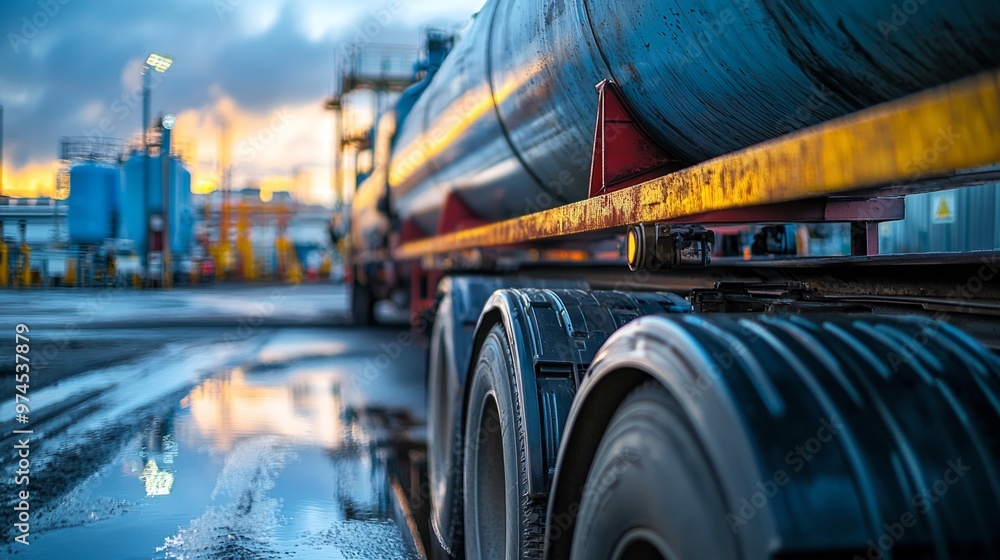 Tanker Truck to transport fuel in industrial petroleum plant. Closeup ...